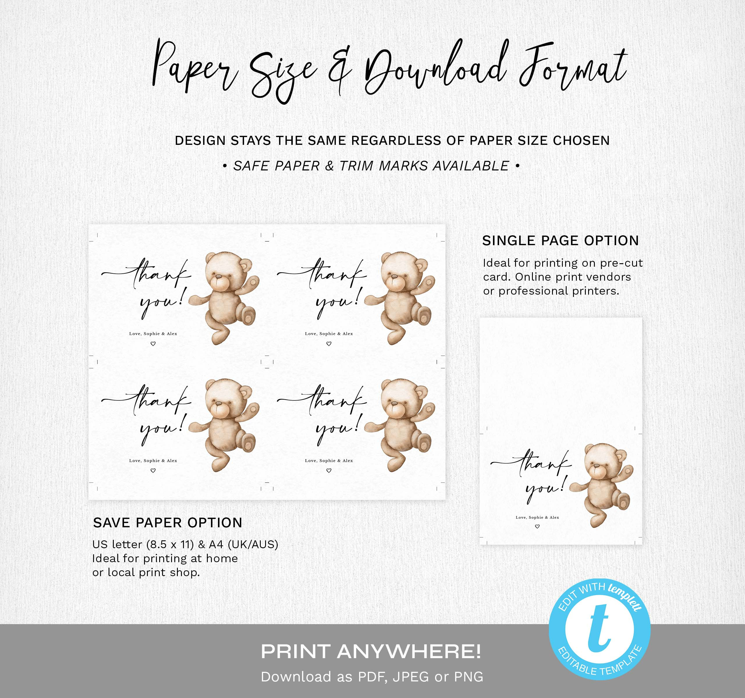 Bear Theme Baby Shower Thank You Card Editable & Printable - Etsy