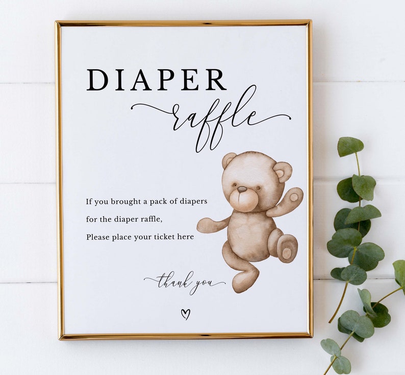 Diaper Raffle Sign Printable Template, Bear Theme Baby Shower Sign ...