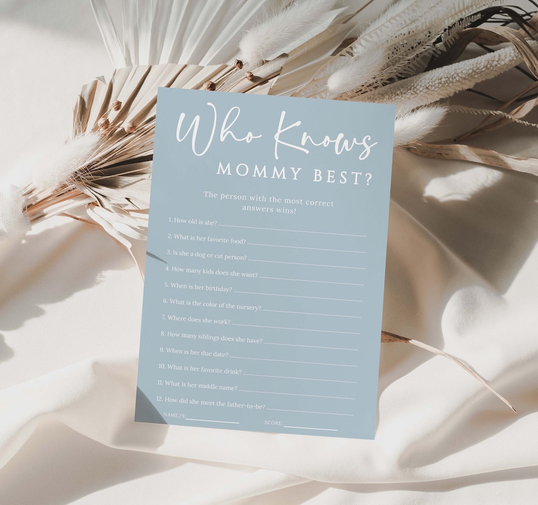 Who Knows Mommy Best Baby Shower Game, Dusty Blue Baby Shower Game Card ...