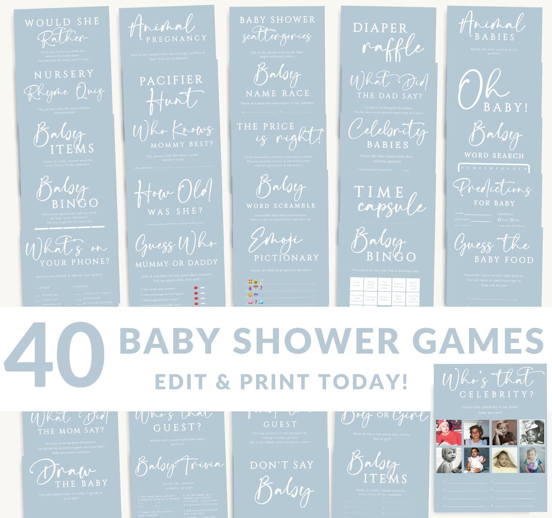 Blue Baby Shower Games Bundle Editable & Printable Games Instant ...