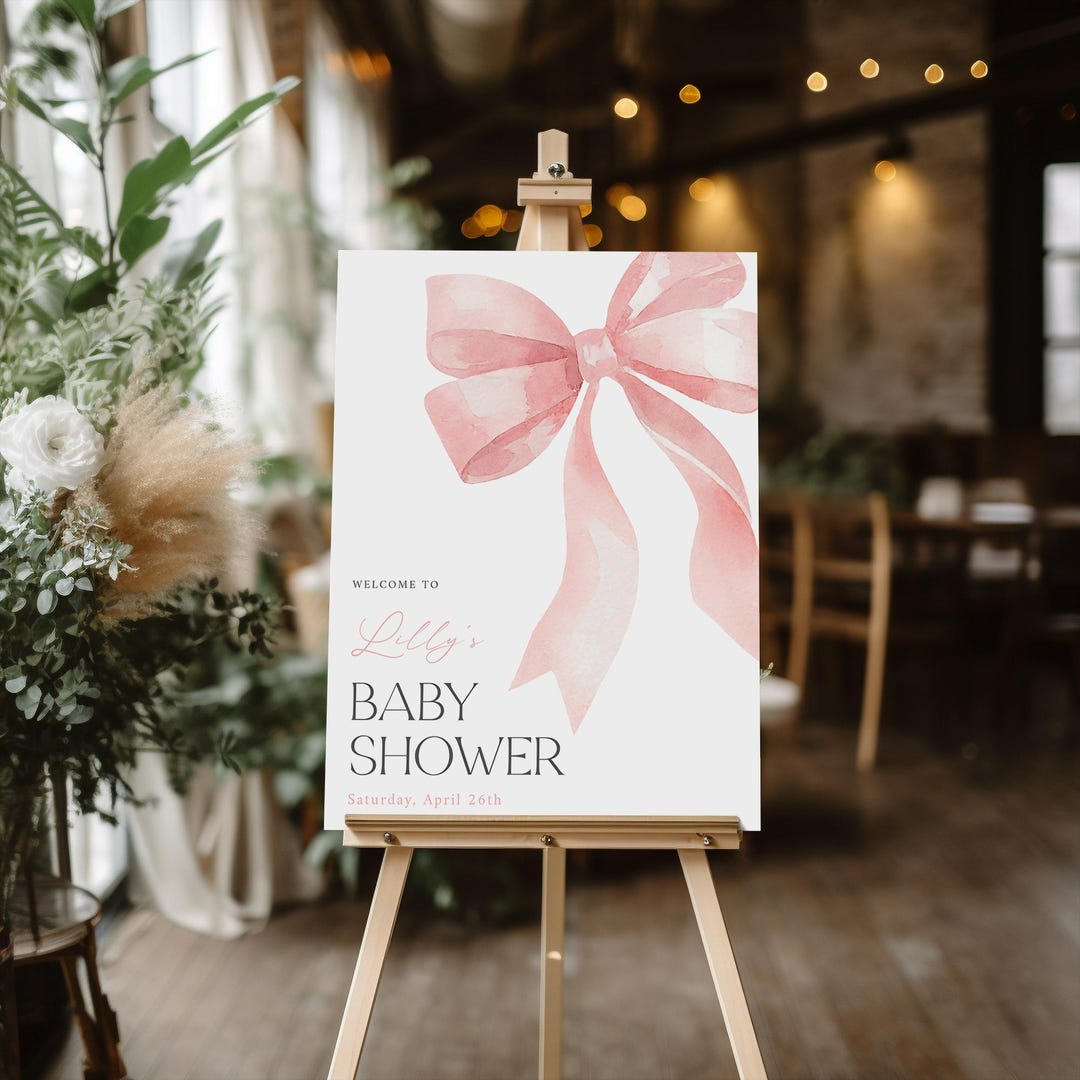 Pink Bow Baby Shower Welcome Sign, Pink Coquette Baby Shower Sign, Pink ...