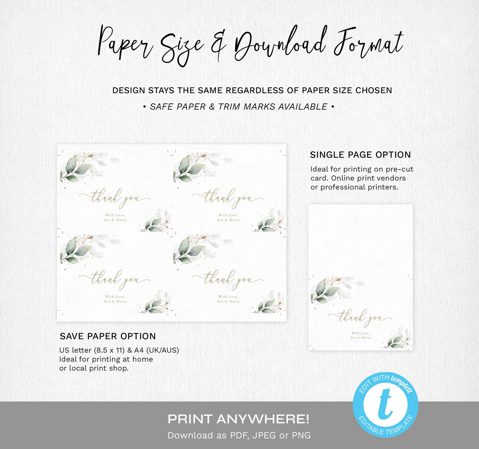 Greenery Boho Thank You Card Template Instant Download LC04 - Etsy UK