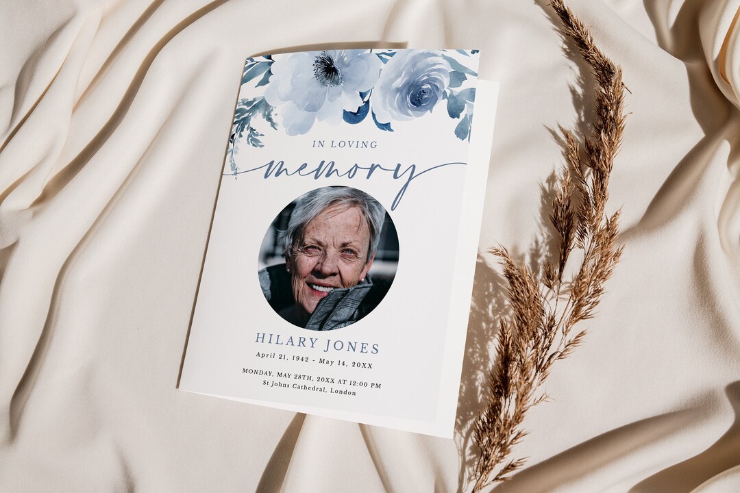 Blue Floral Funeral Program Template | Editable Foldable Funeral ...