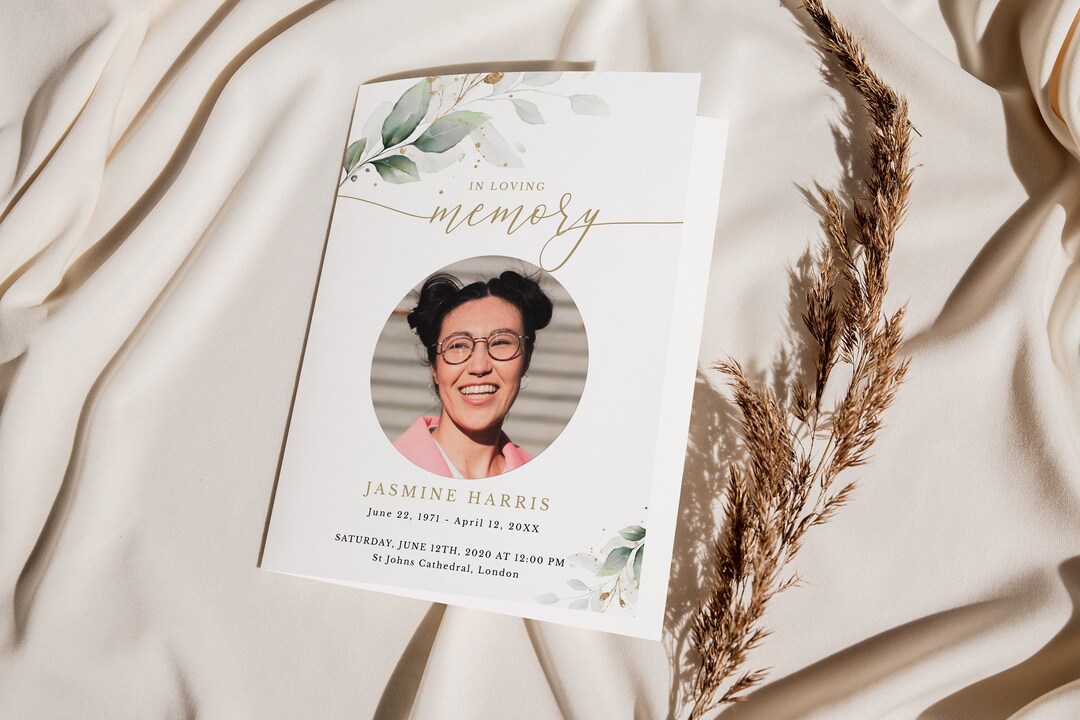 Greenery Funeral Program Template | Editable Foldable Funeral Memorial ...