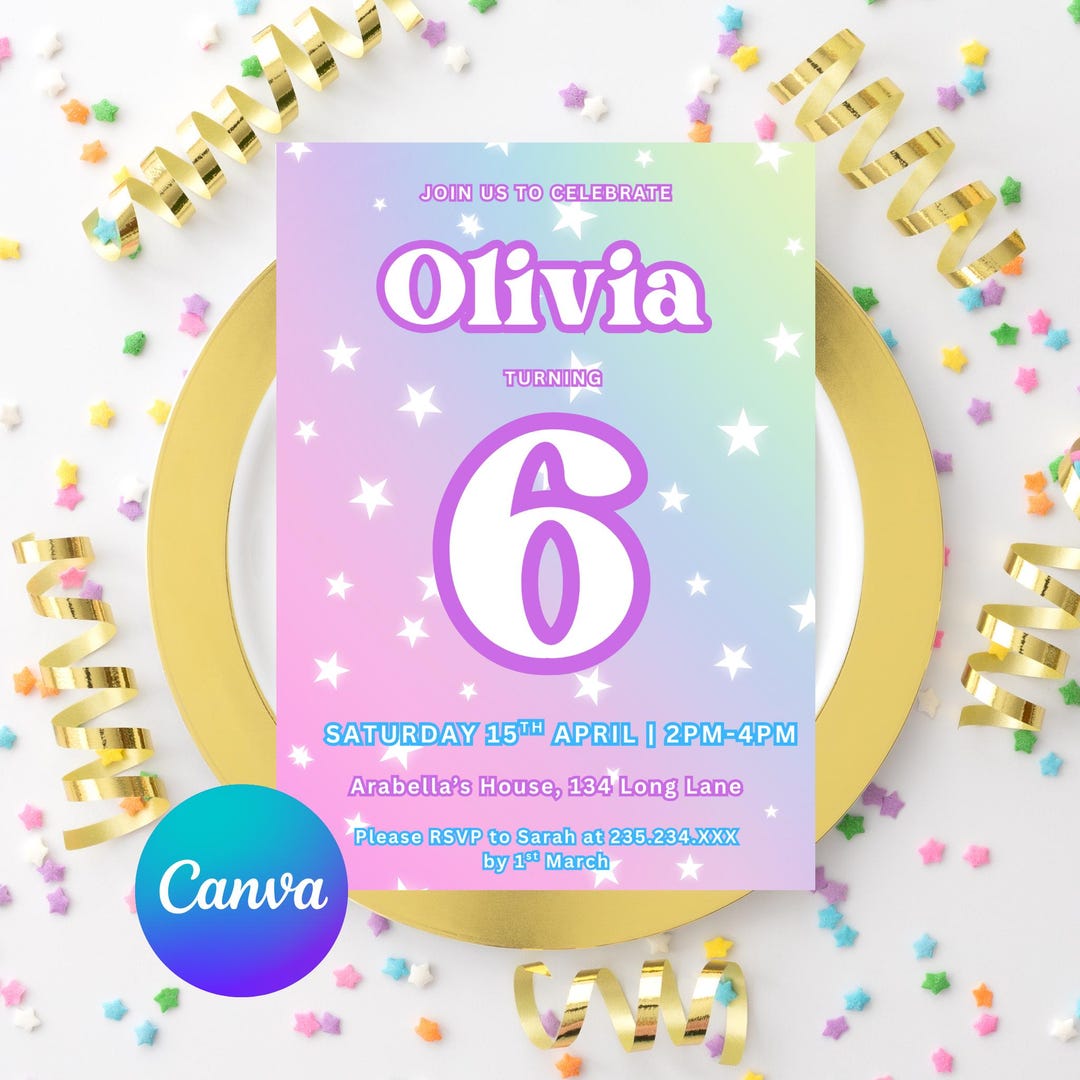 Editable 6th Birthday Girl Invitation, Rainbow Sparkle Birthday Invite ...