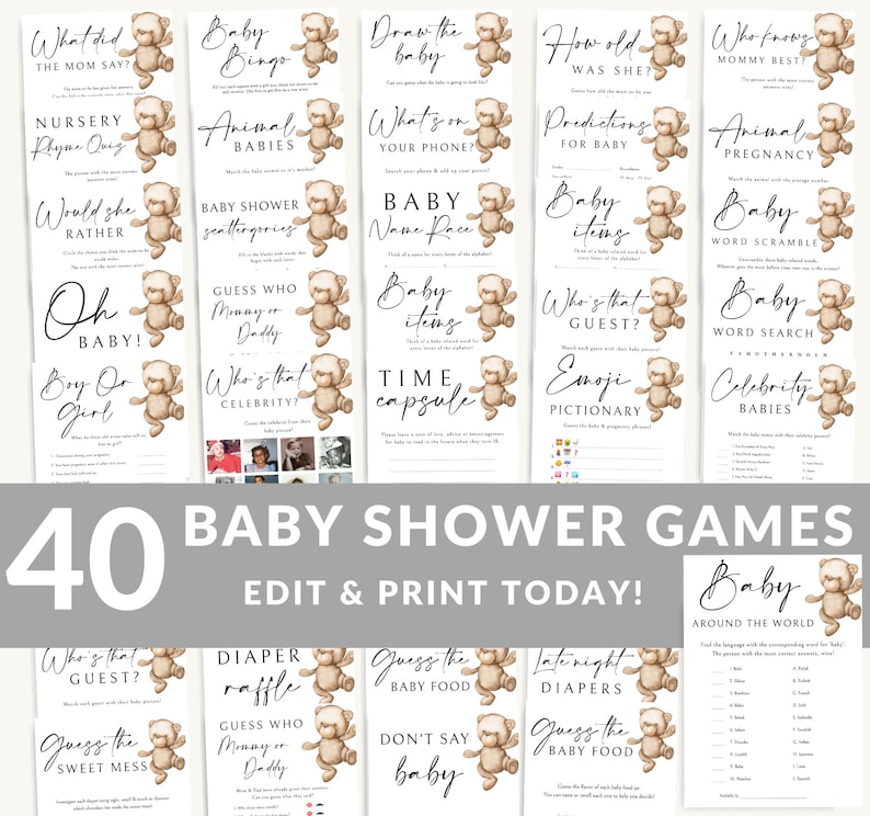 Bear Themed Baby Shower Games Bundle Editable & Printable - Etsy