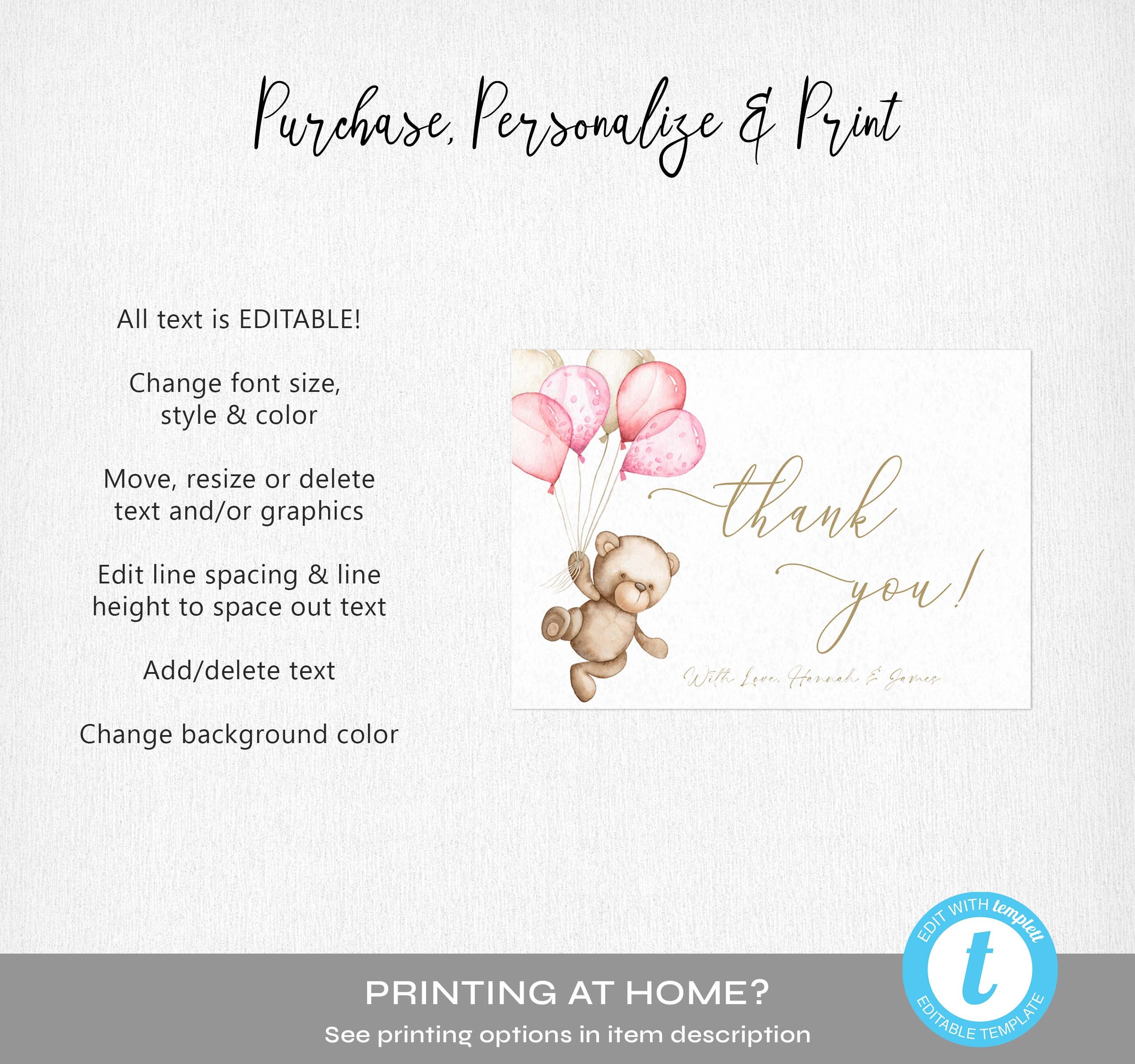 Teddy Bear Thank You Card Template | Pink Bear Theme Baby Shower ...