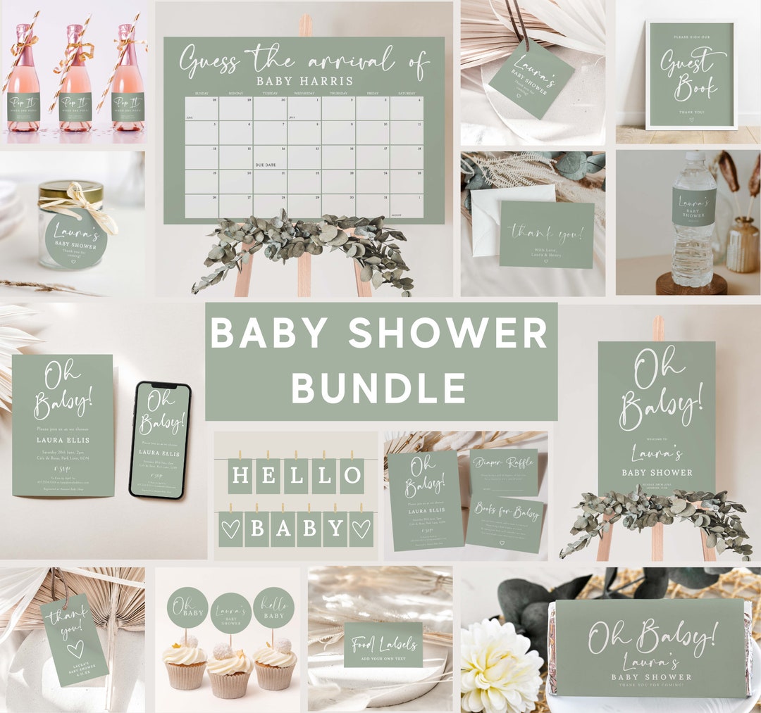 Sage Green Baby Shower Bundle Green Gender Neutral Baby Shower Editable ...