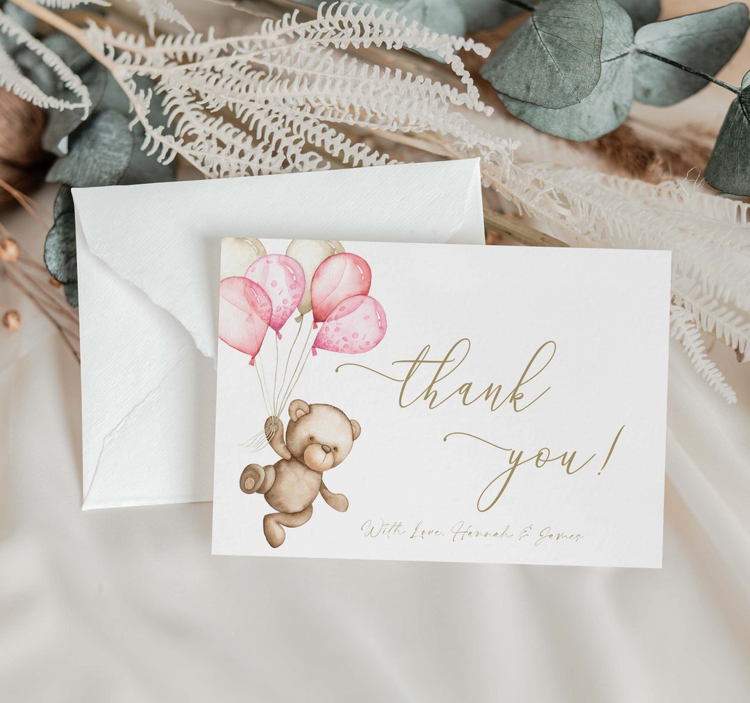 Teddy Bear Thank You Card Template | Pink Bear Theme Baby Shower ...