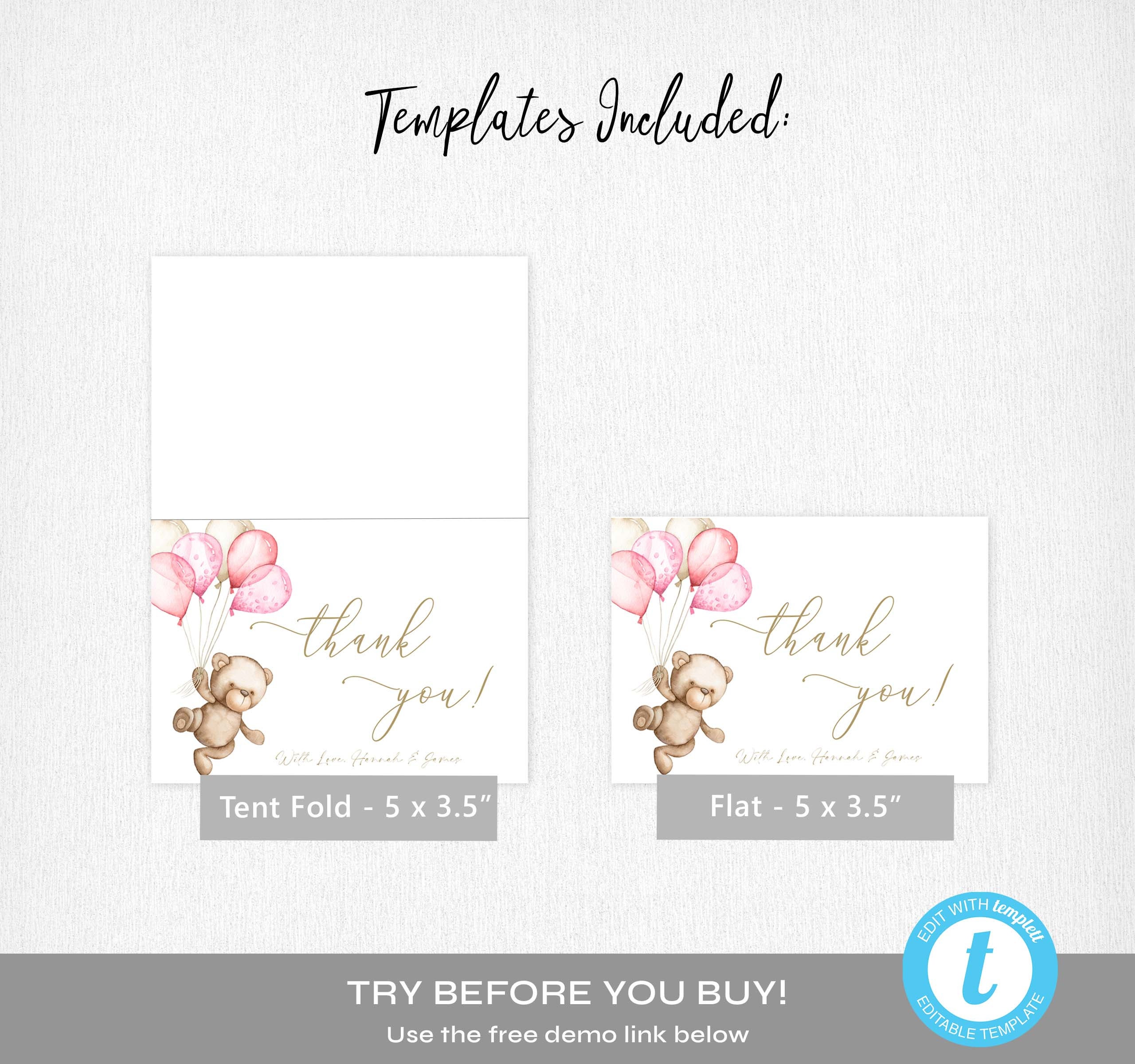 Teddy Bear Thank You Card Template | Pink Bear Theme Baby Shower ...