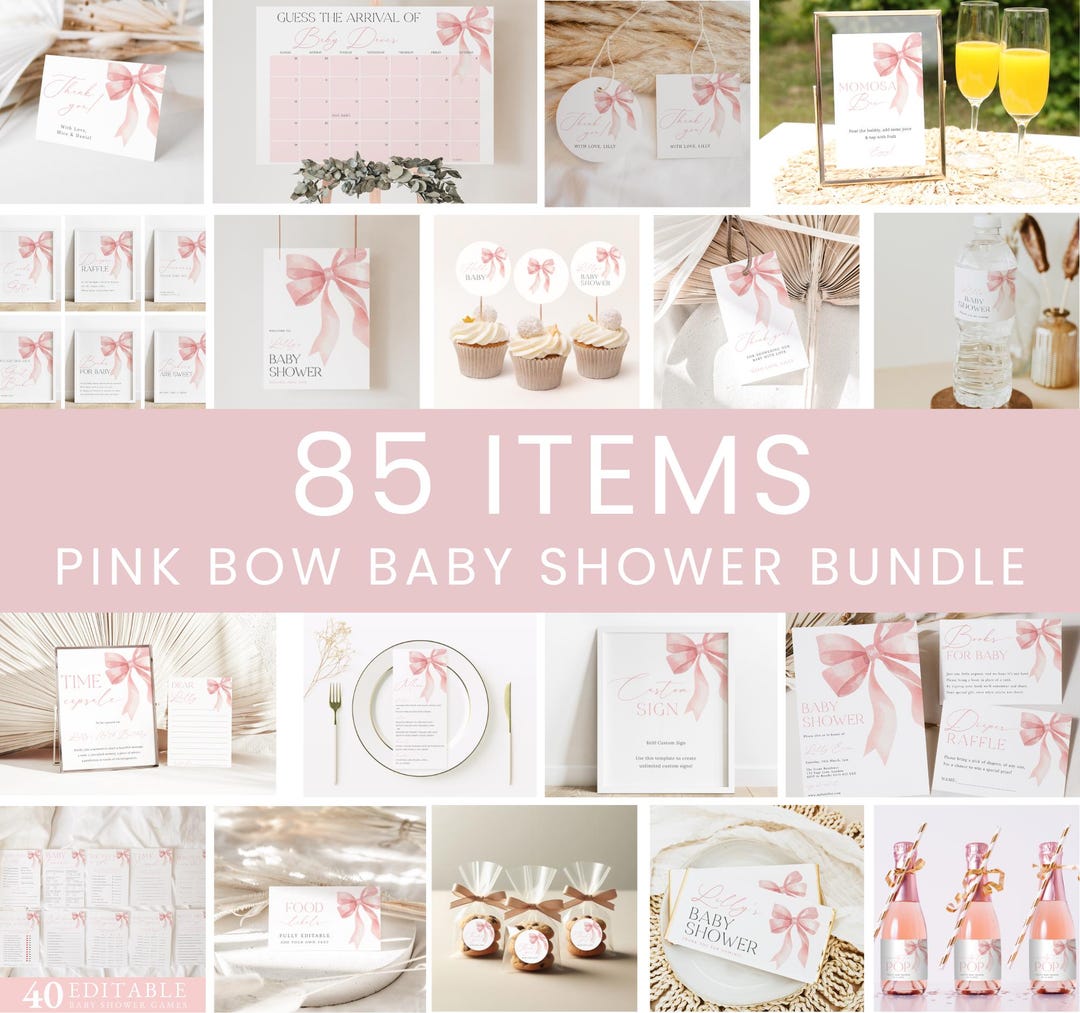 Pink Bow Baby Shower Bundle | Editable Invitation & Games | Printable ...