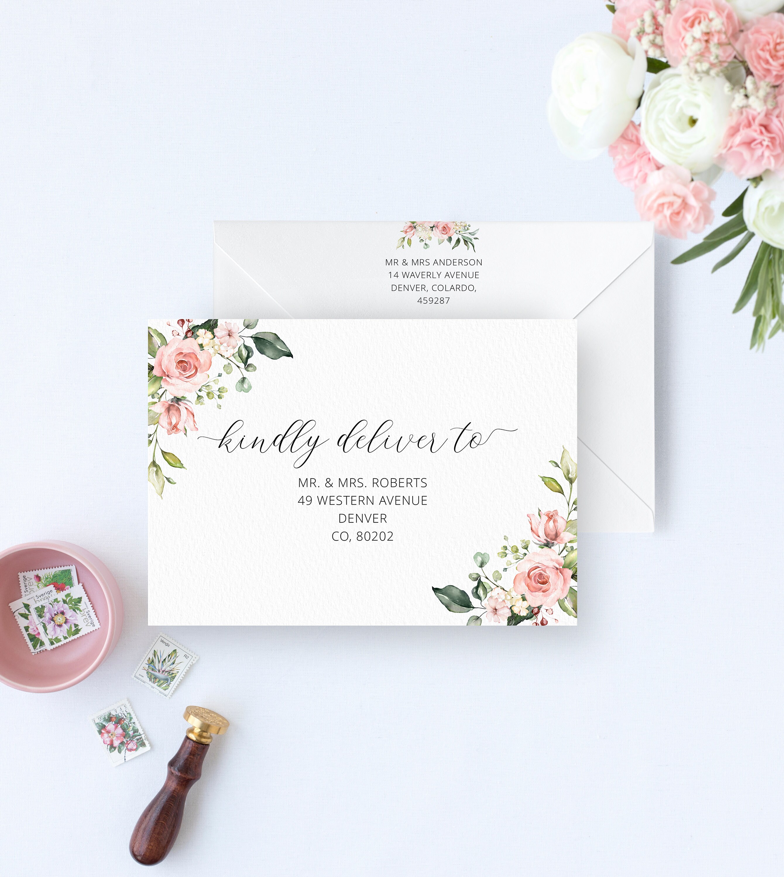 Boho Floral Wedding Envelope Template Blush Pink Wedding | Etsy