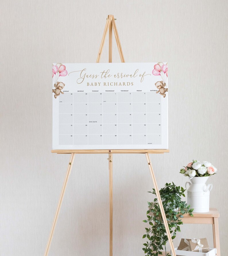 Editable Baby Shower Due Date Calendar Sign Pink Teddy Bear - Etsy