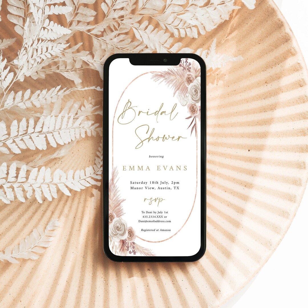 Boho Bridal Shower Digital Invite, Pampas Grass Bridal Party Invitation ...