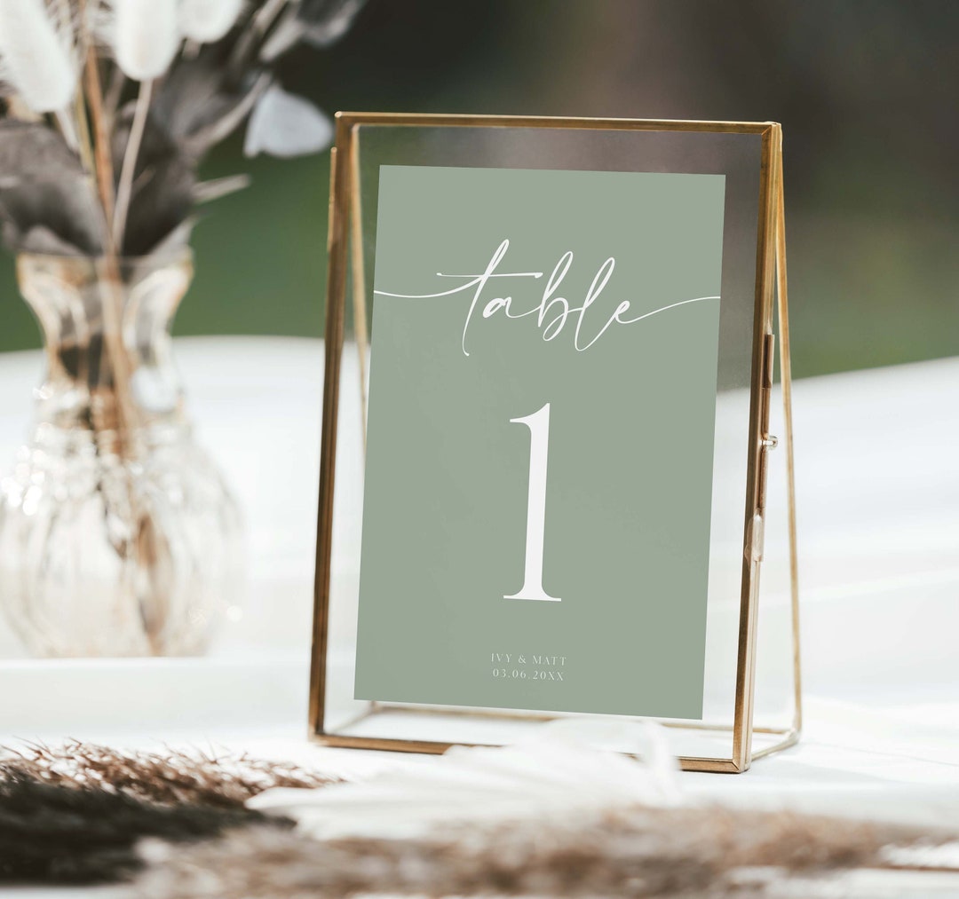 Green Wedding Table Number Template Modern Minimalist Table Number Sign ...