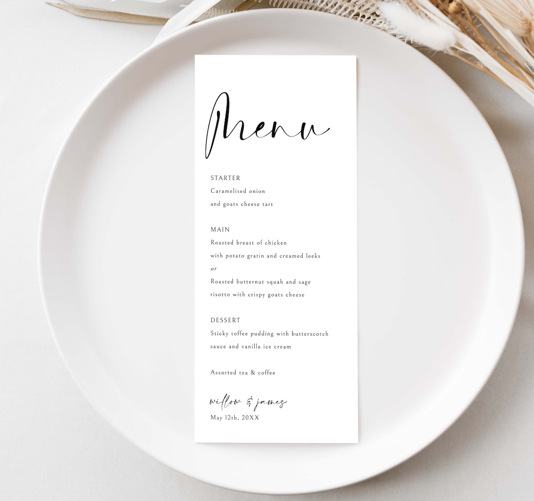 Modèle de menu de mariage moderne, carte de menu minimaliste, menu de ...