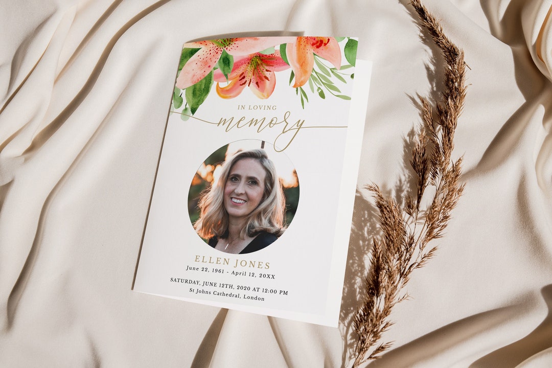 Orange Lily Funeral Program Template | Editable Memorial Order of ...