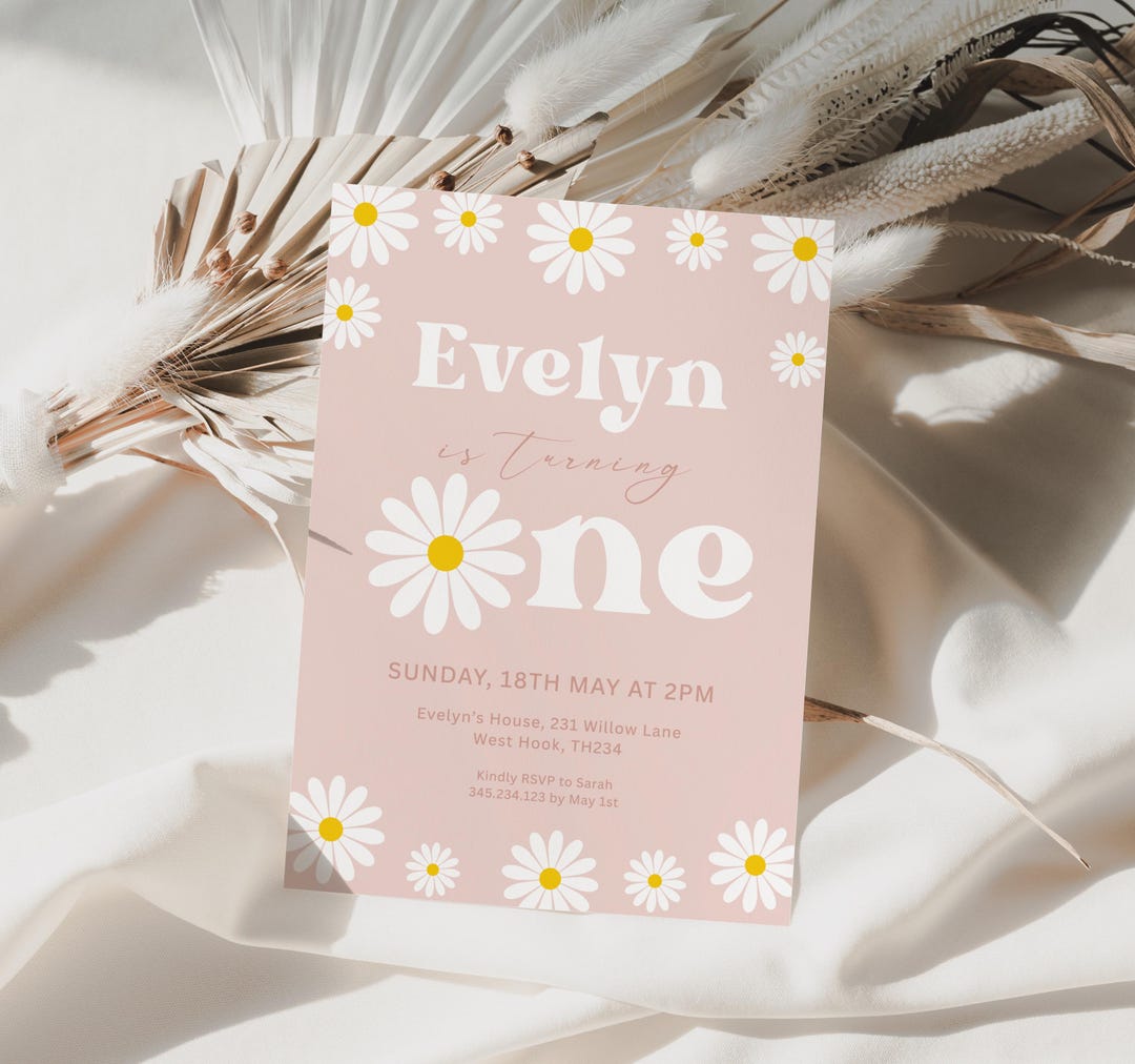 Daisy First Birthday Invitation, Editable Retro Daisy Birthday Invite ...