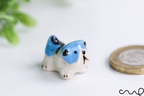 Hand Painted Tiny Ceramic Blue Dog Cute Figurines Animals | Etsy