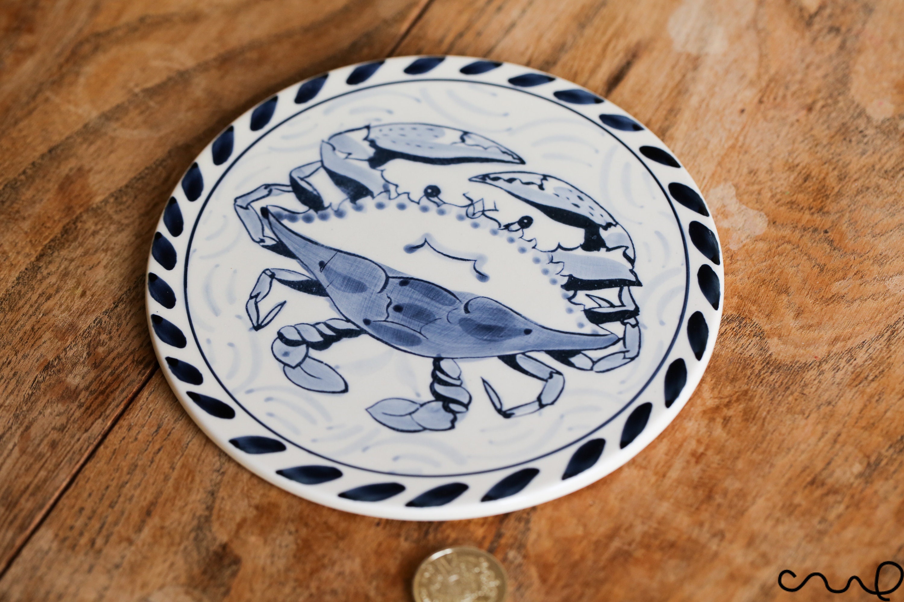 Hand-painted Crab Blue and White Ceramic Round Trivet 6" 15cm Stoneware ...