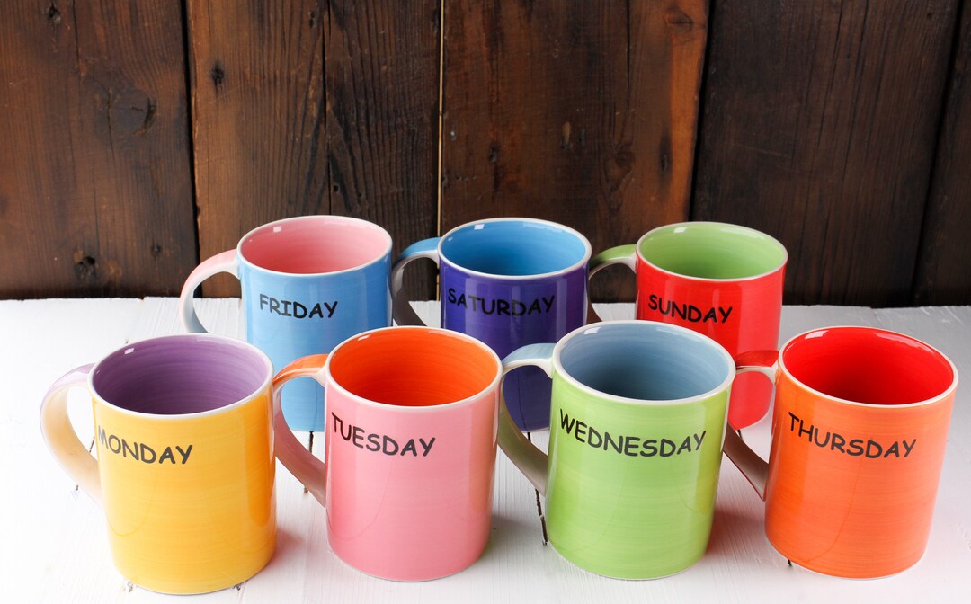 Hand Painted Day of the Week Mug Set of 7 Rainbow Ceramic Coffee Tea ...