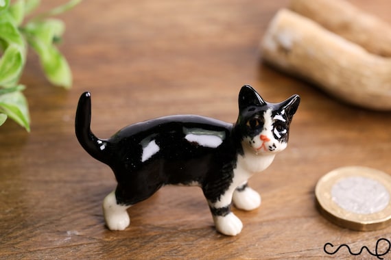 Hand Painted Small Black White Ceramic Cat Cute Figurines Animals Miniature Outdoor Etsy UK