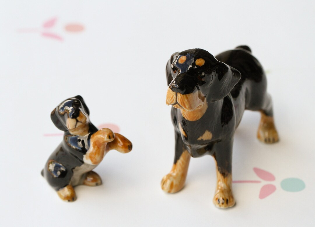 Hceramic Rottweiler Dog Figurines Set of 2 Handmade Pottery Black Tan ...