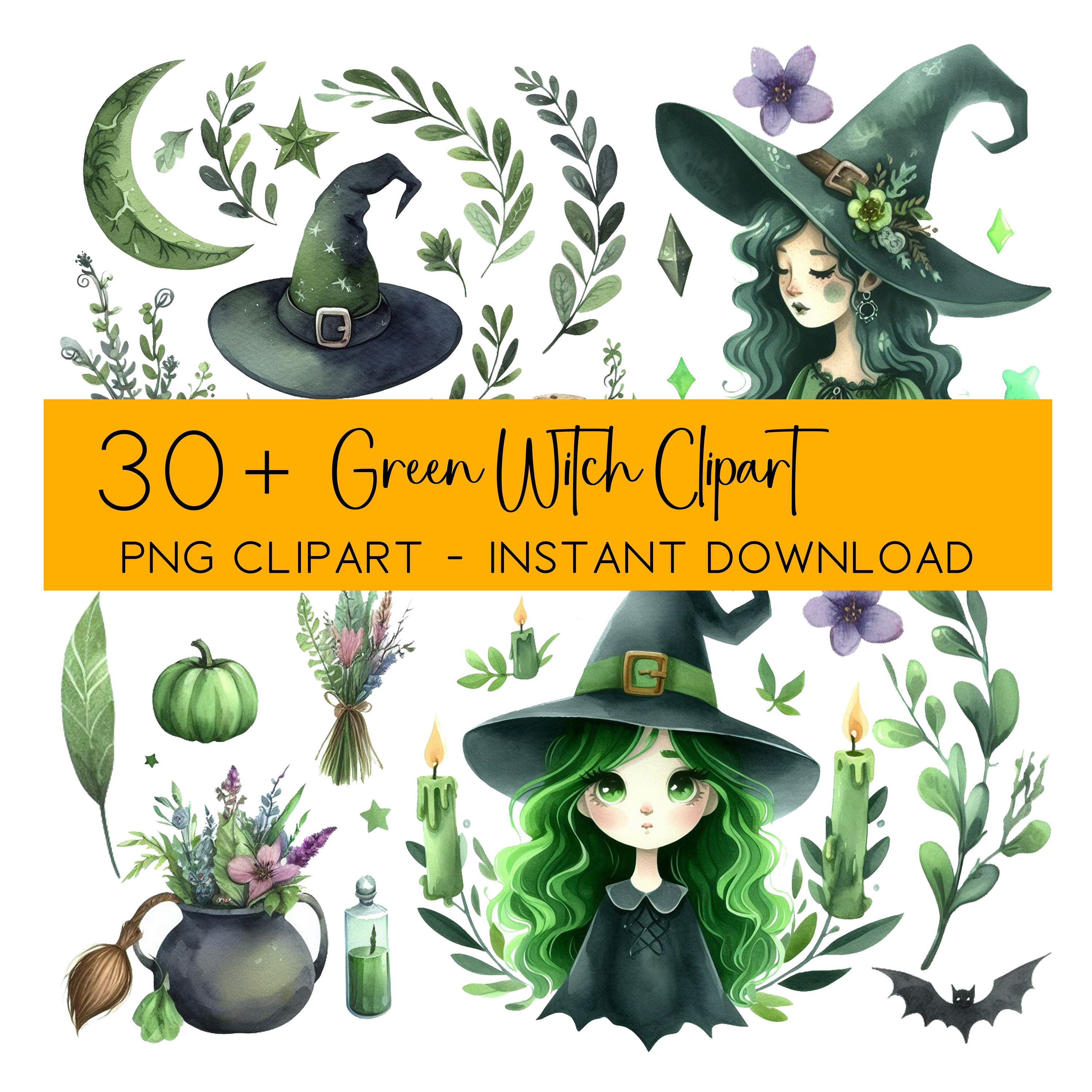 30 Plus Watercolor Green Witch Clipart Png, Junk Journal, Ephemera, PNG ...