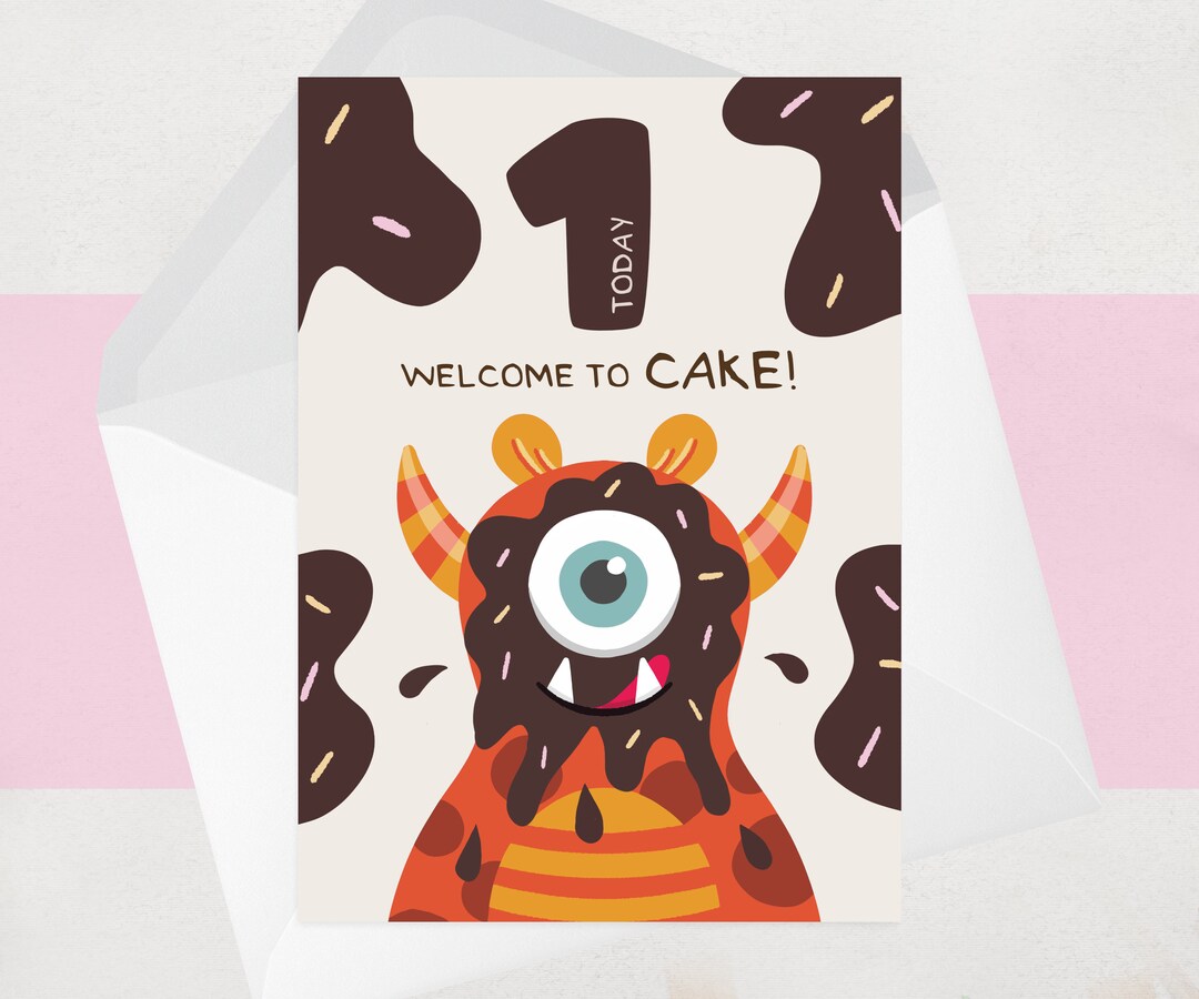 Funny First Birthday Card, Cake Monster 1st Birthday Card | Cute Card ...