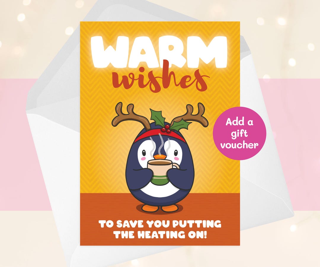 Warm Wishes Christmas Card | Funny Heating Crisis Joke | Penguin Gift ...