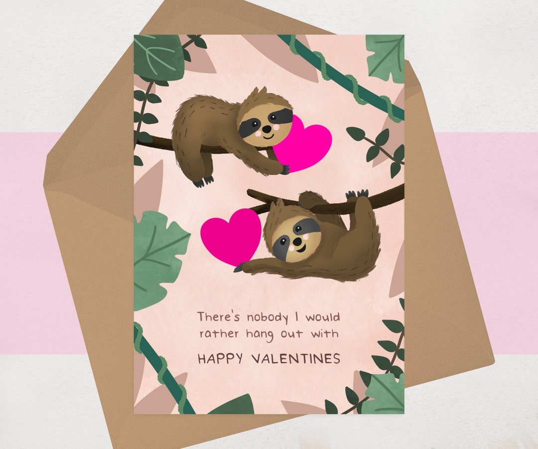 Sloth Valentines Card for Him, for Her - Cute Illustrated Valentine Day ...