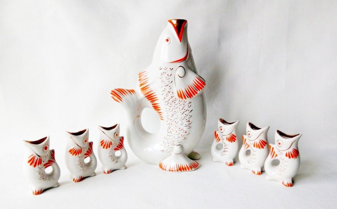 Antique Ceramic Decanter and Six Small Tumblers Bundle - Unique Gift ...