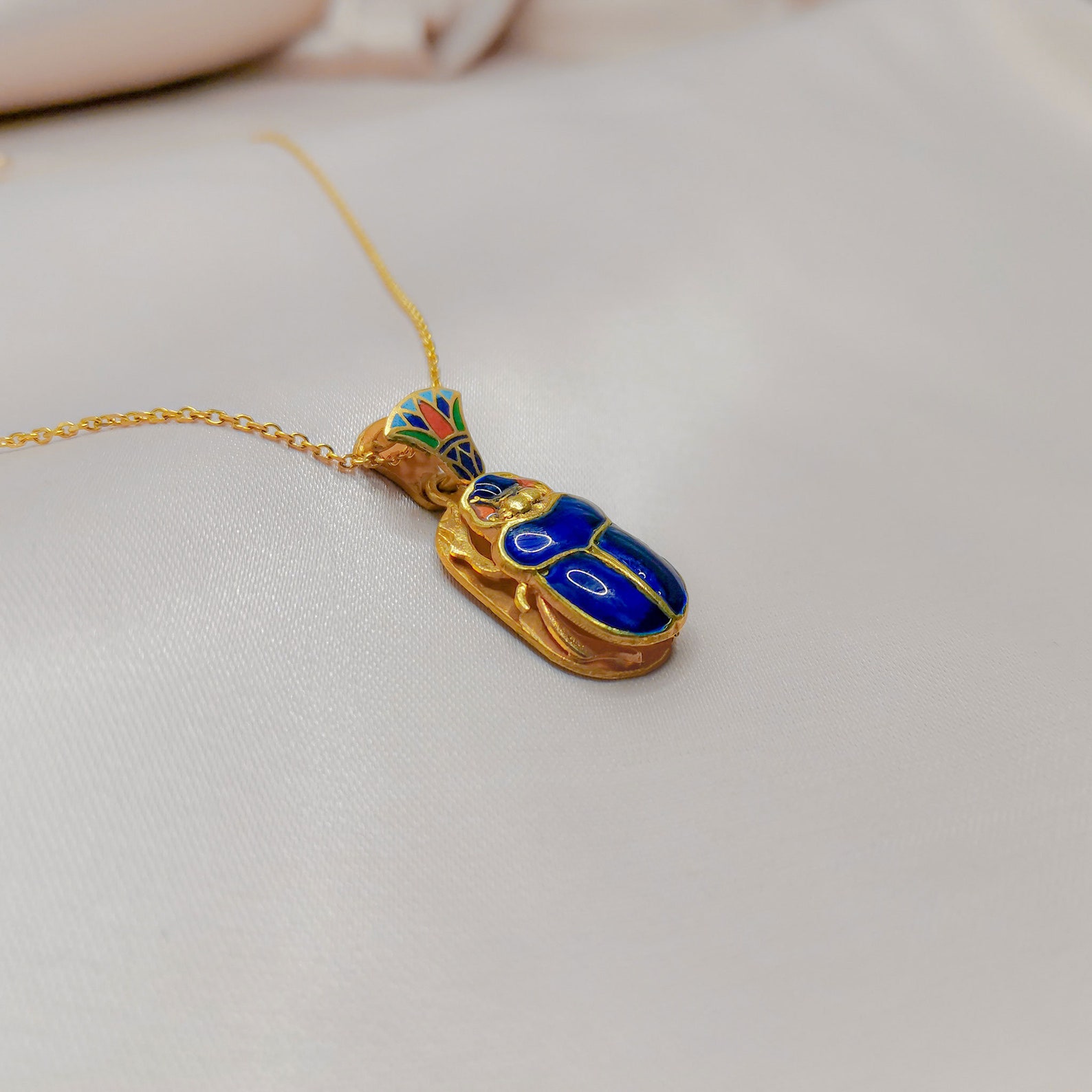18K Gold Scarab With Lotus Flower Pendant, Double-sided Scarab With ...