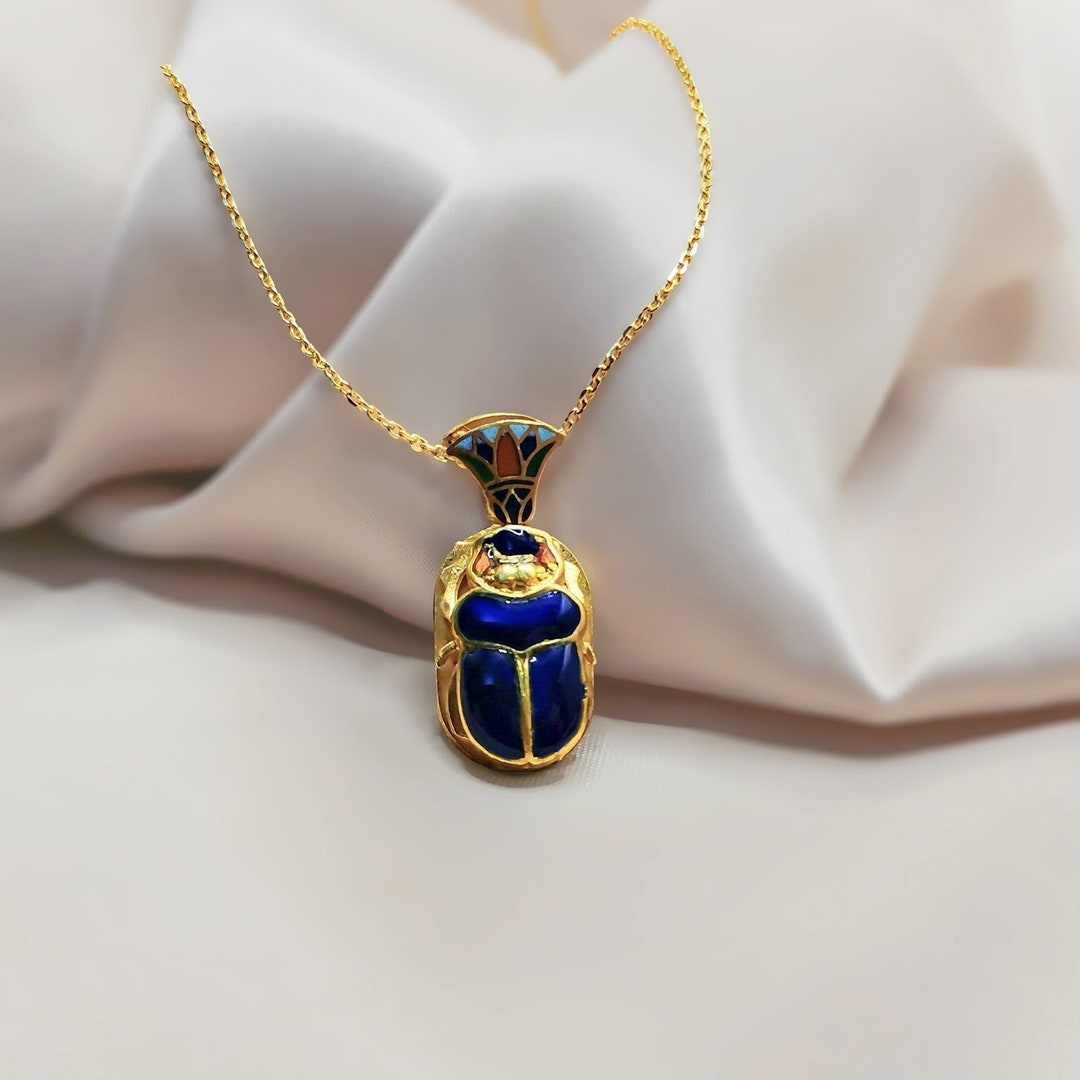 18K Gold Scarab With Lotus Flower Pendant, Double-sided Scarab With ...