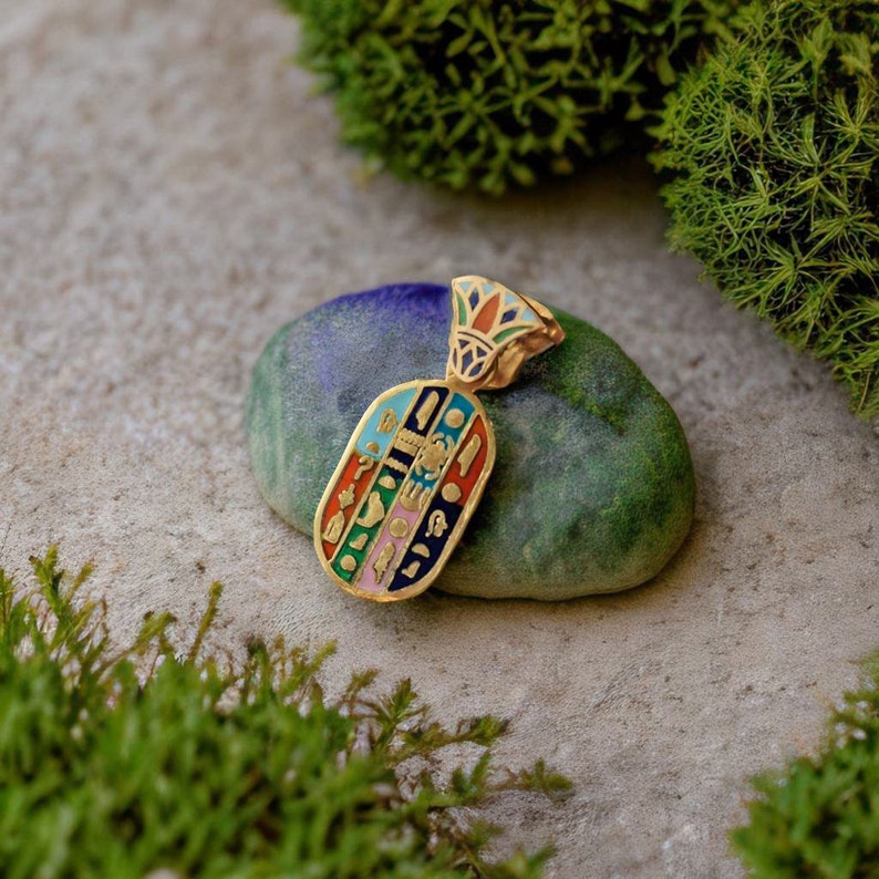 18K Gold Scarab With Lotus Flower Pendant, Double-sided Scarab With ...