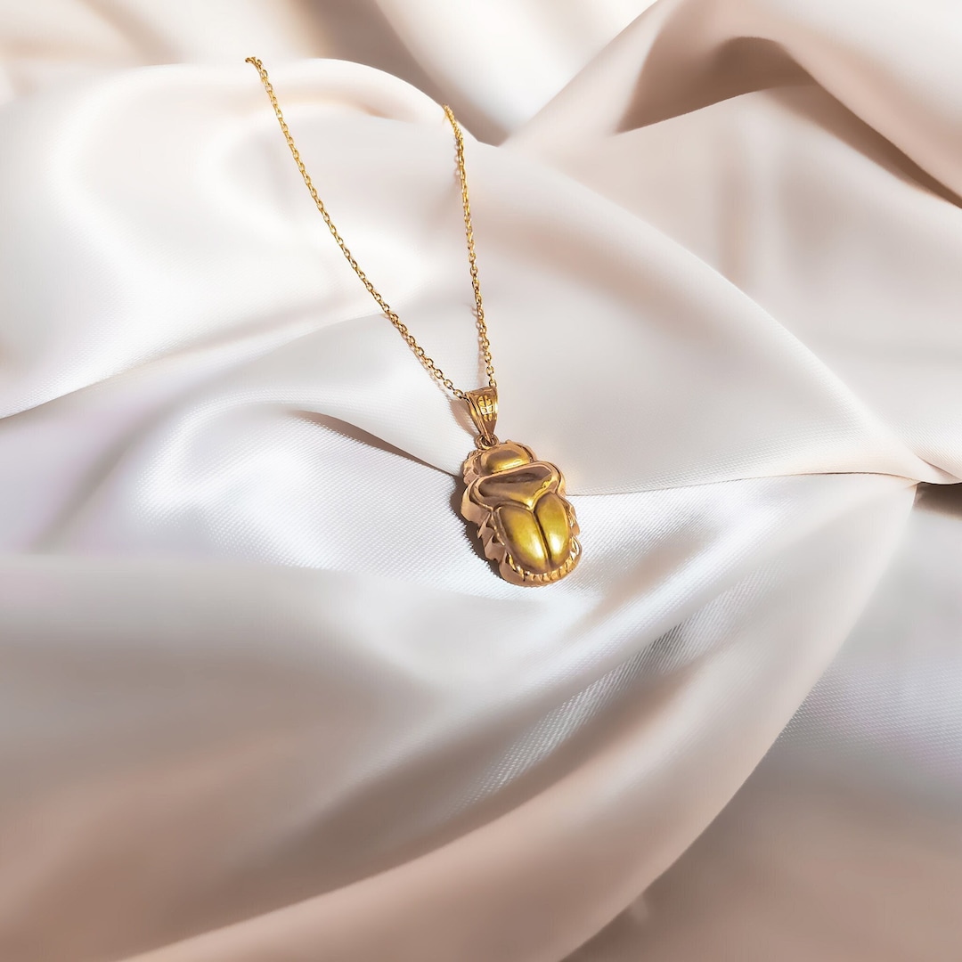 18k Gold Scarab Pendant, Double Sided Scarab & Ankh, Solid Gold Scarab ...