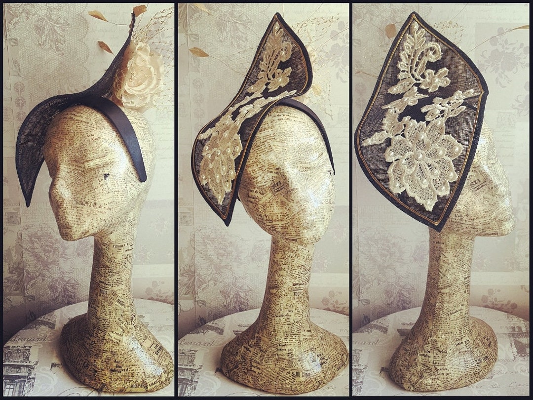 Victoria - Black, Gold and Cream Teardrop Percher Fascinator Hatinator ...