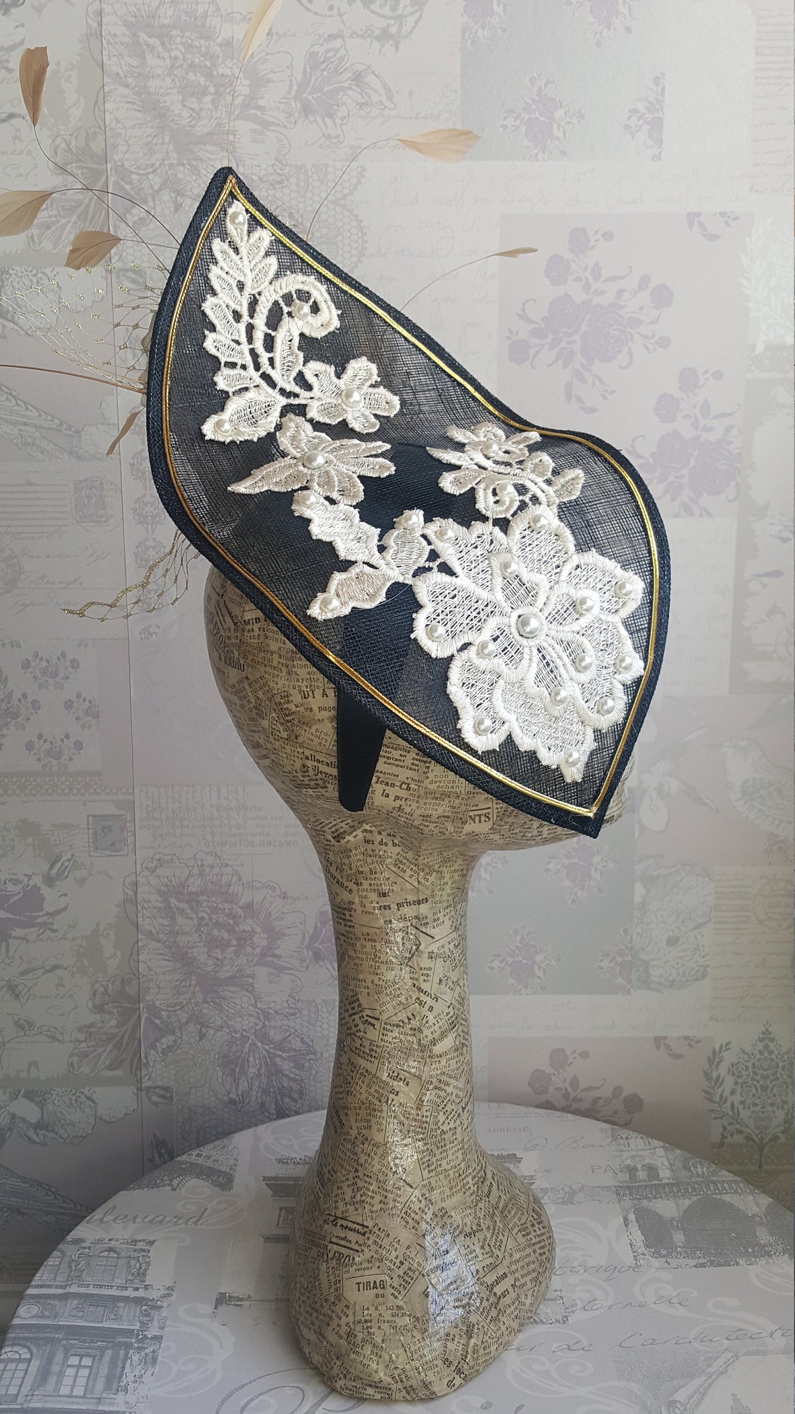 Victoria - Black, Gold and Cream Teardrop Percher Fascinator Hatinator ...