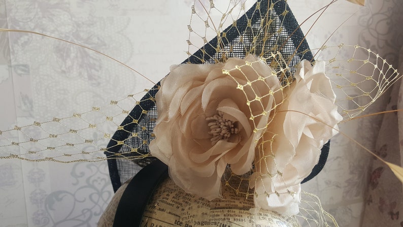 Victoria - Black, Gold and Cream Teardrop Percher Fascinator Hatinator ...