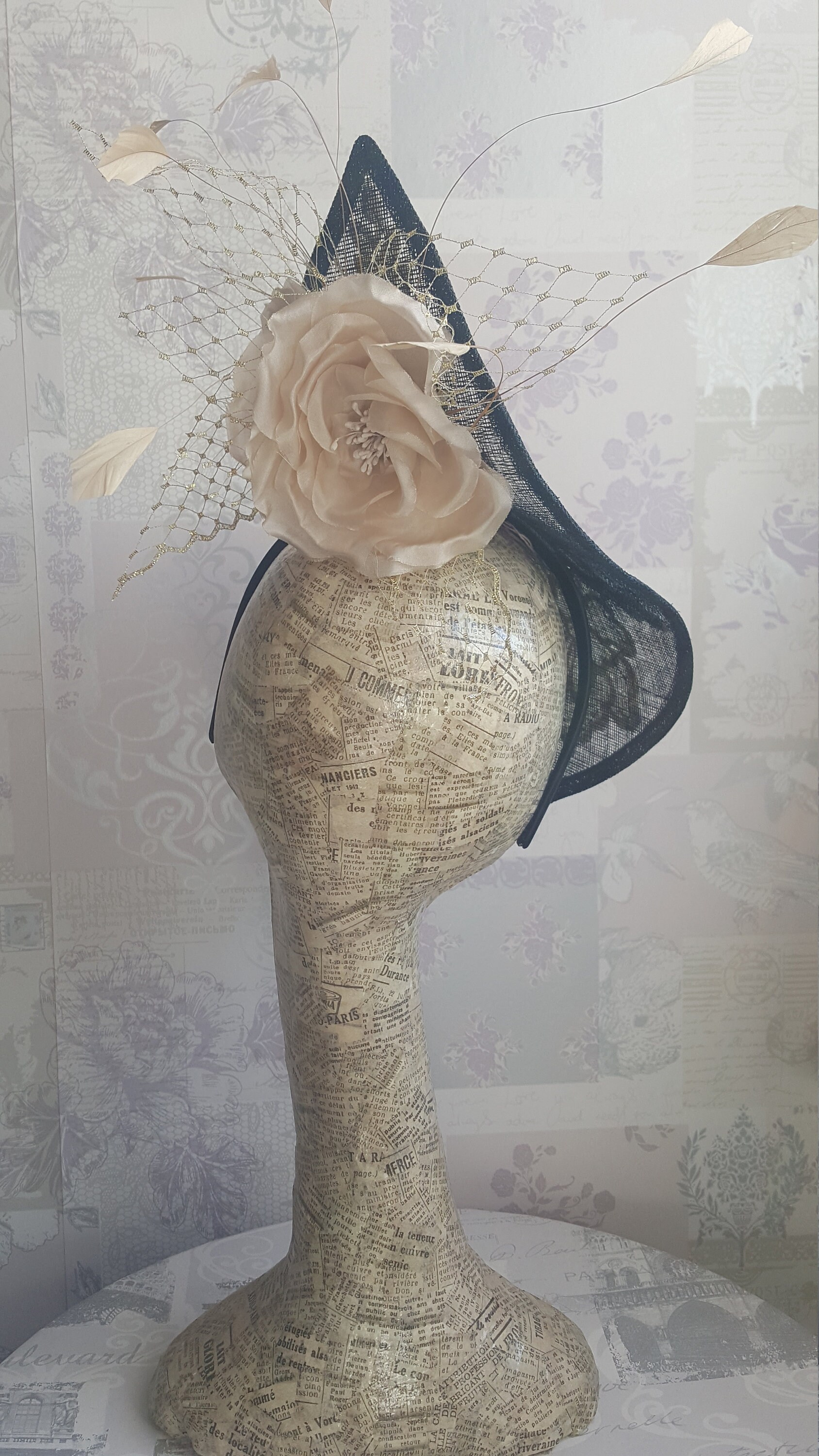 Victoria - Black, Gold and Cream Teardrop Percher Fascinator Hatinator ...