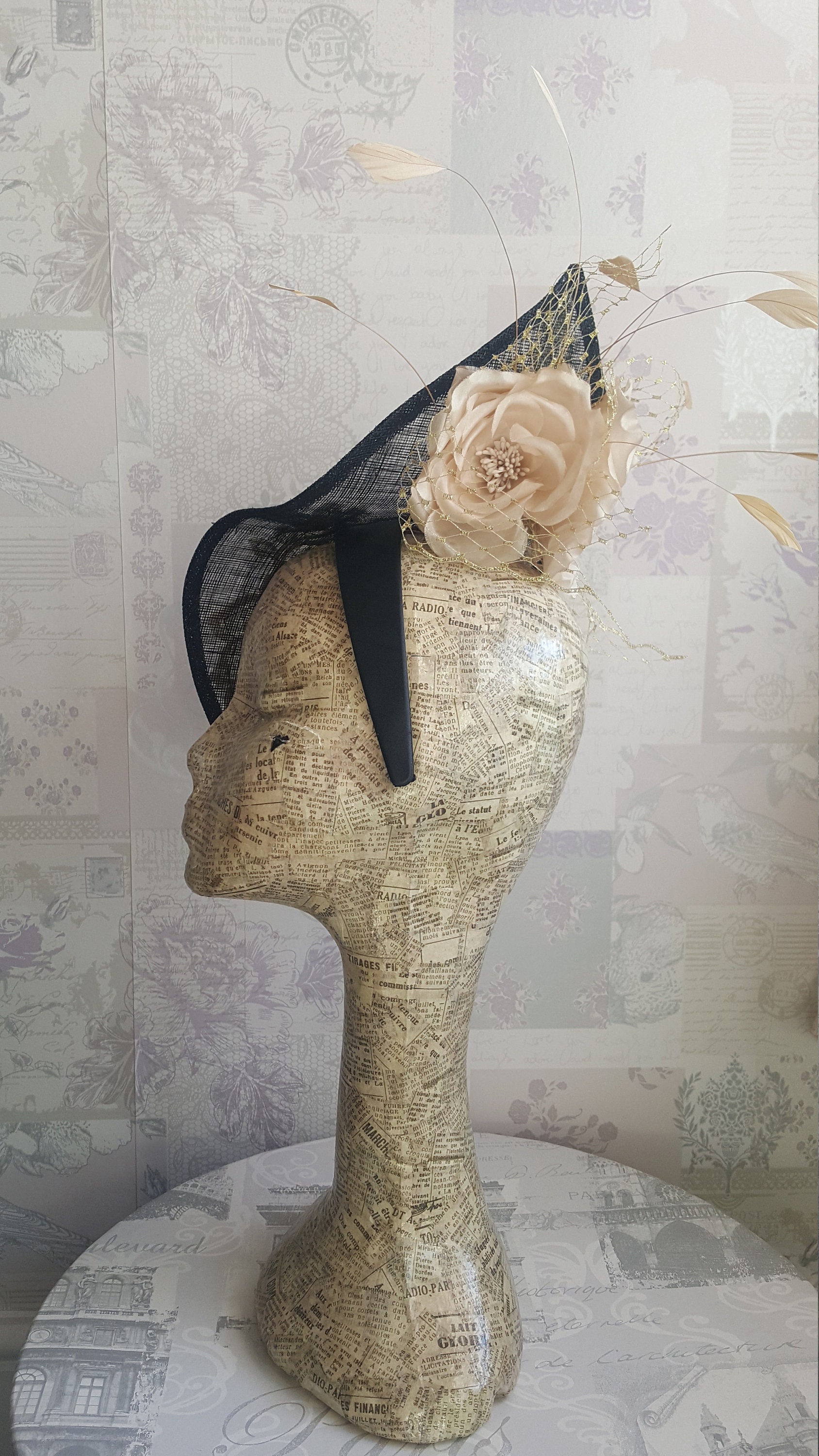 Victoria - Black, Gold and Cream Teardrop Percher Fascinator Hatinator ...
