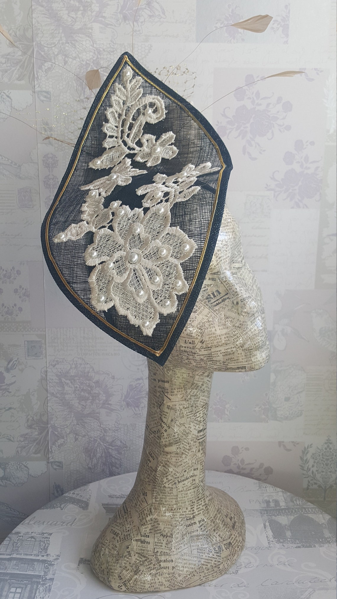 Victoria - Black, Gold and Cream Teardrop Percher Fascinator Hatinator ...