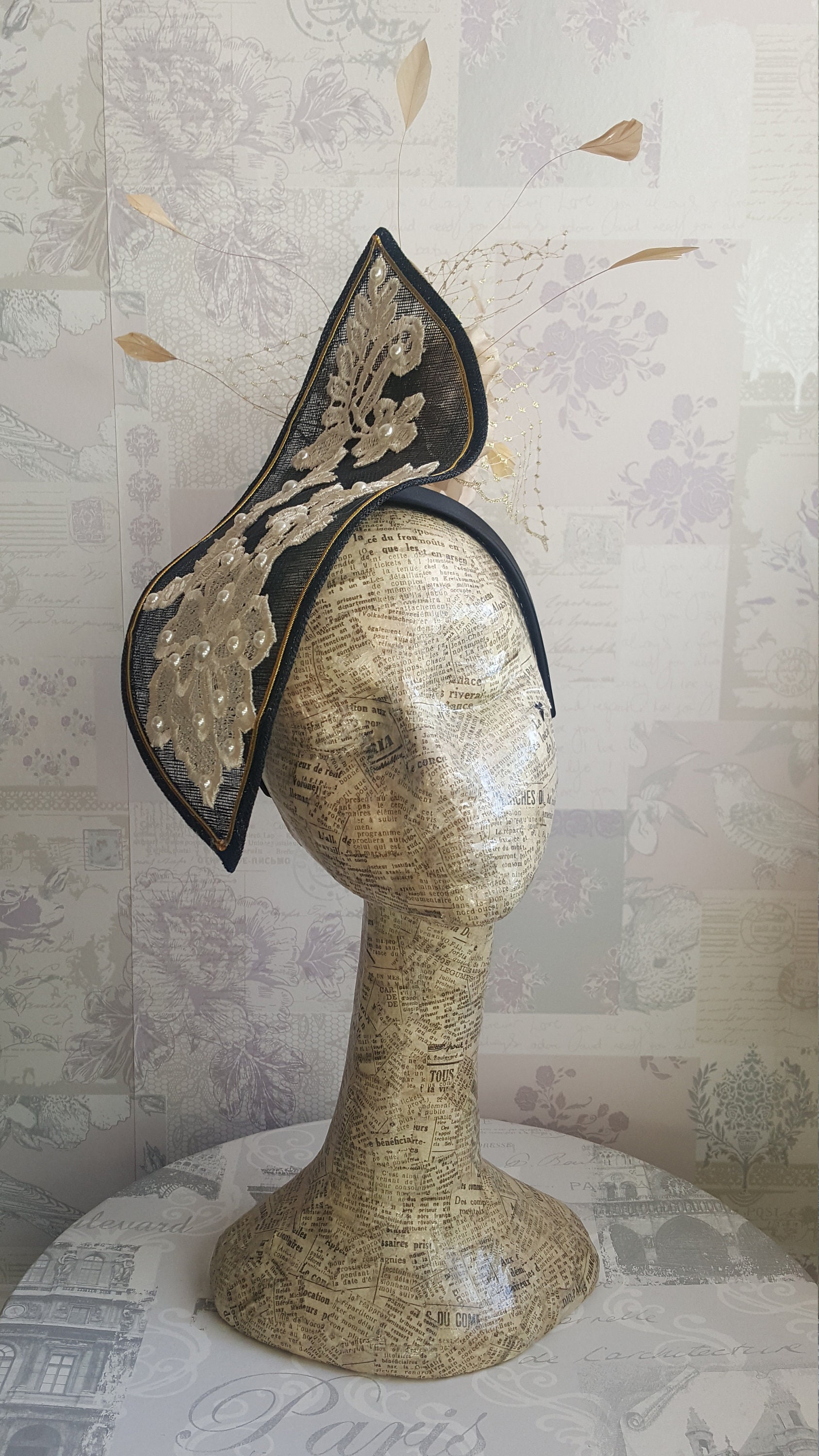 Victoria - Black, Gold and Cream Teardrop Percher Fascinator Hatinator ...