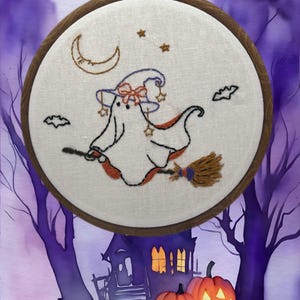 Cute Flying Ghost Witch Embroidery for Beginner Friendly Spooky Cute ...