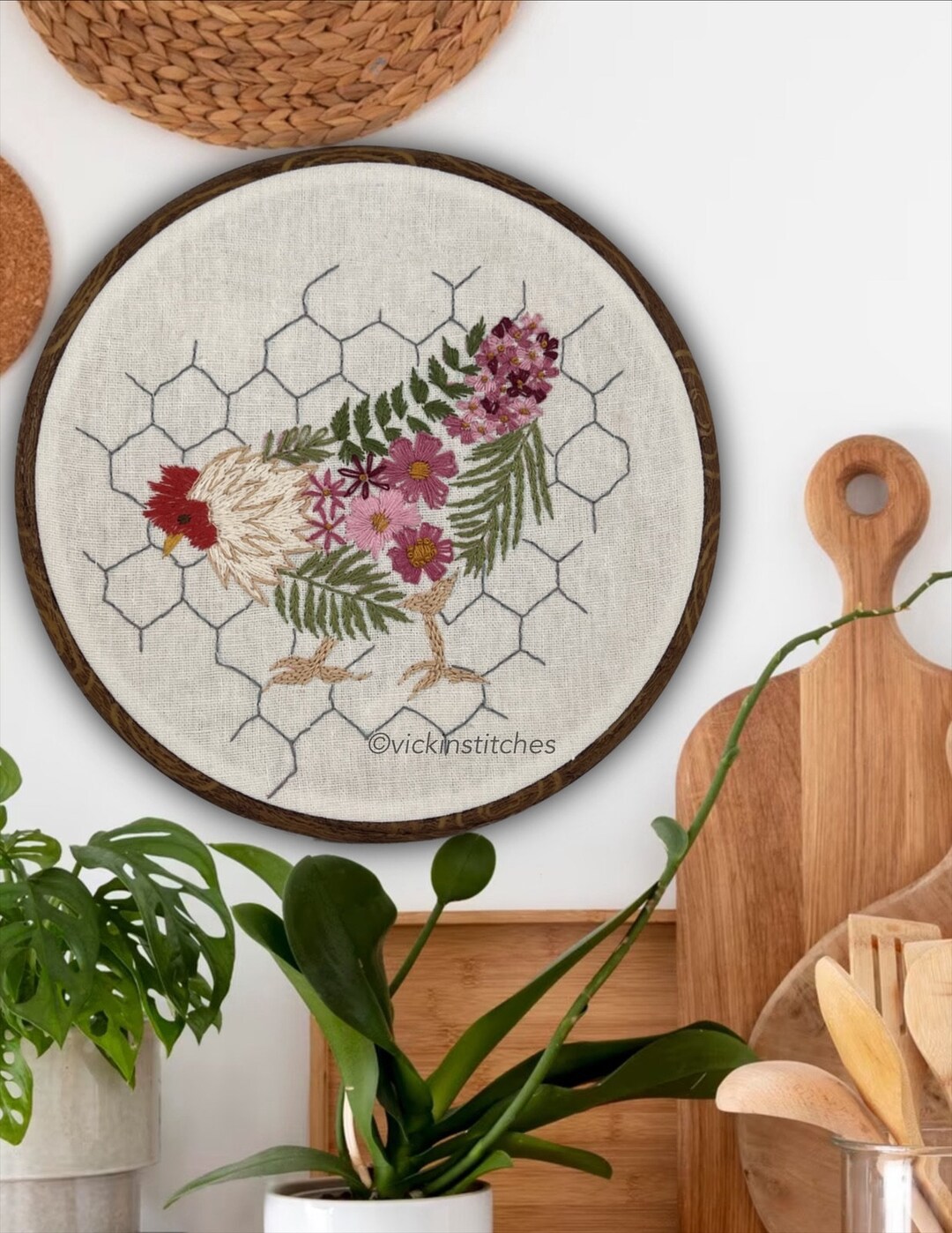 Floral Chicken Hand Embroidery Design for Beginners 8” Chicken ...