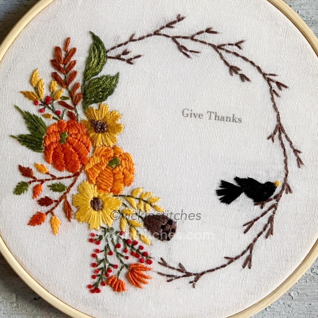 Fall Wreath Embroidery Kit: Pumpkins, Foliage, Blackbird (6" Hoop) - Etsy