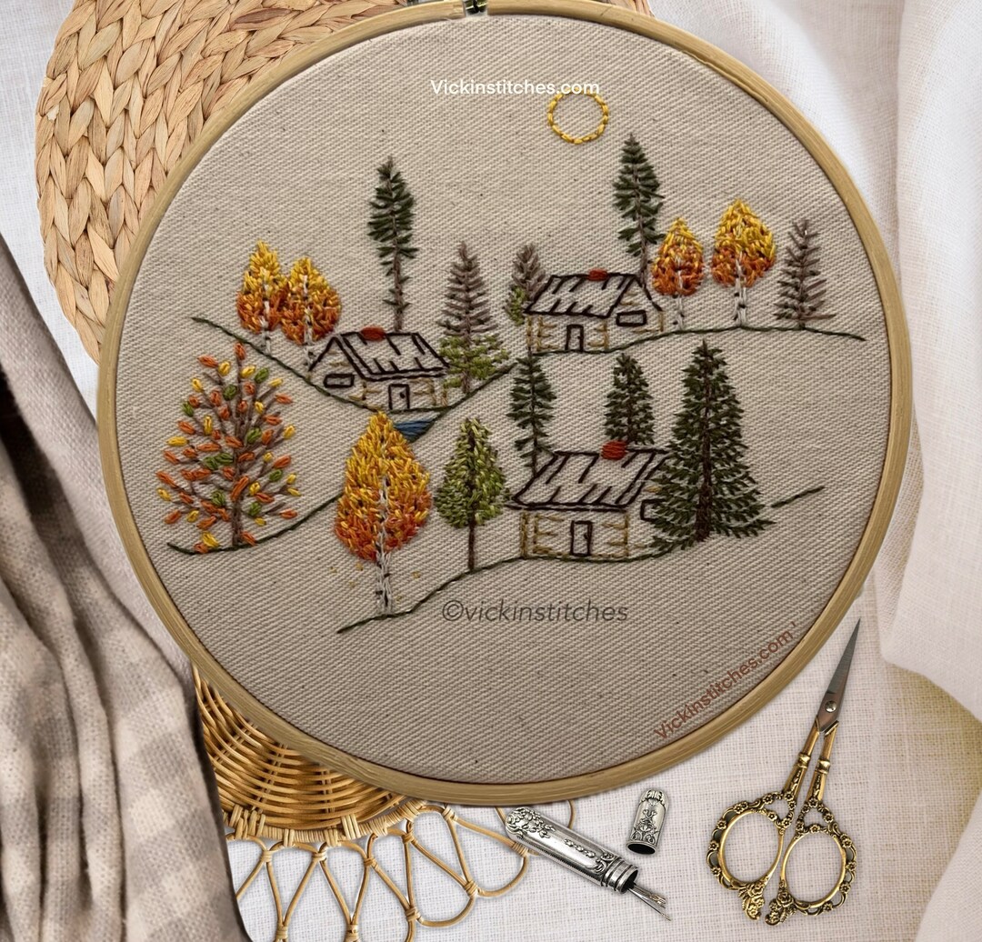 8” Hand Embroidery Design Pattern for Beginners - Autumn Cabin in Woods ...