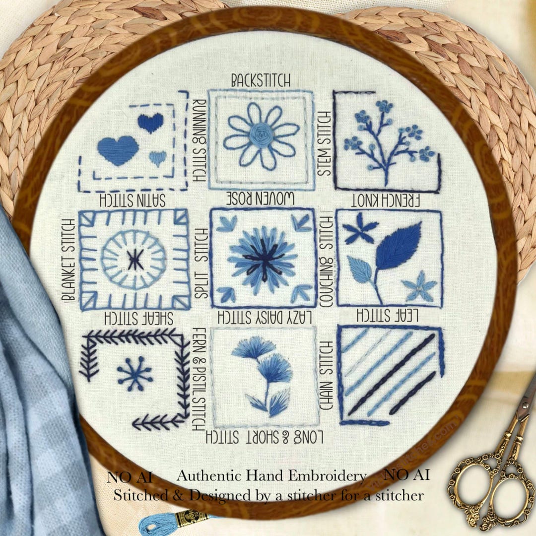 Embroidery Sampler Kit | Blue Floral Design | Easy DIY Hoop Art - Etsy