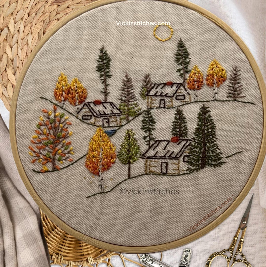 Autumn Village Embroidery Kit for Beginners. Fall Leaves & Trees, Town ...
