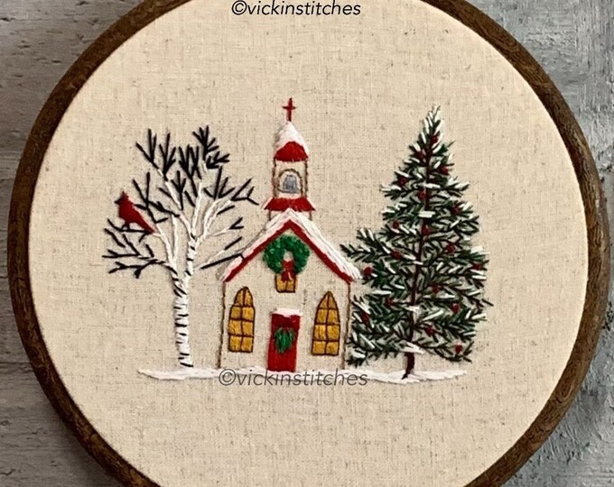 Winter Church Hand Embroidery Pattern, Christmas Church Embroidery ...